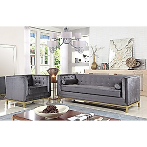 Iconic Home Dafna Club Sofa Sleek Elegant Tufted Velvet Plush Cushion Brass Finished Stainless Steel Brushed Metal Frame Couch, Modern Contemporary, Grey