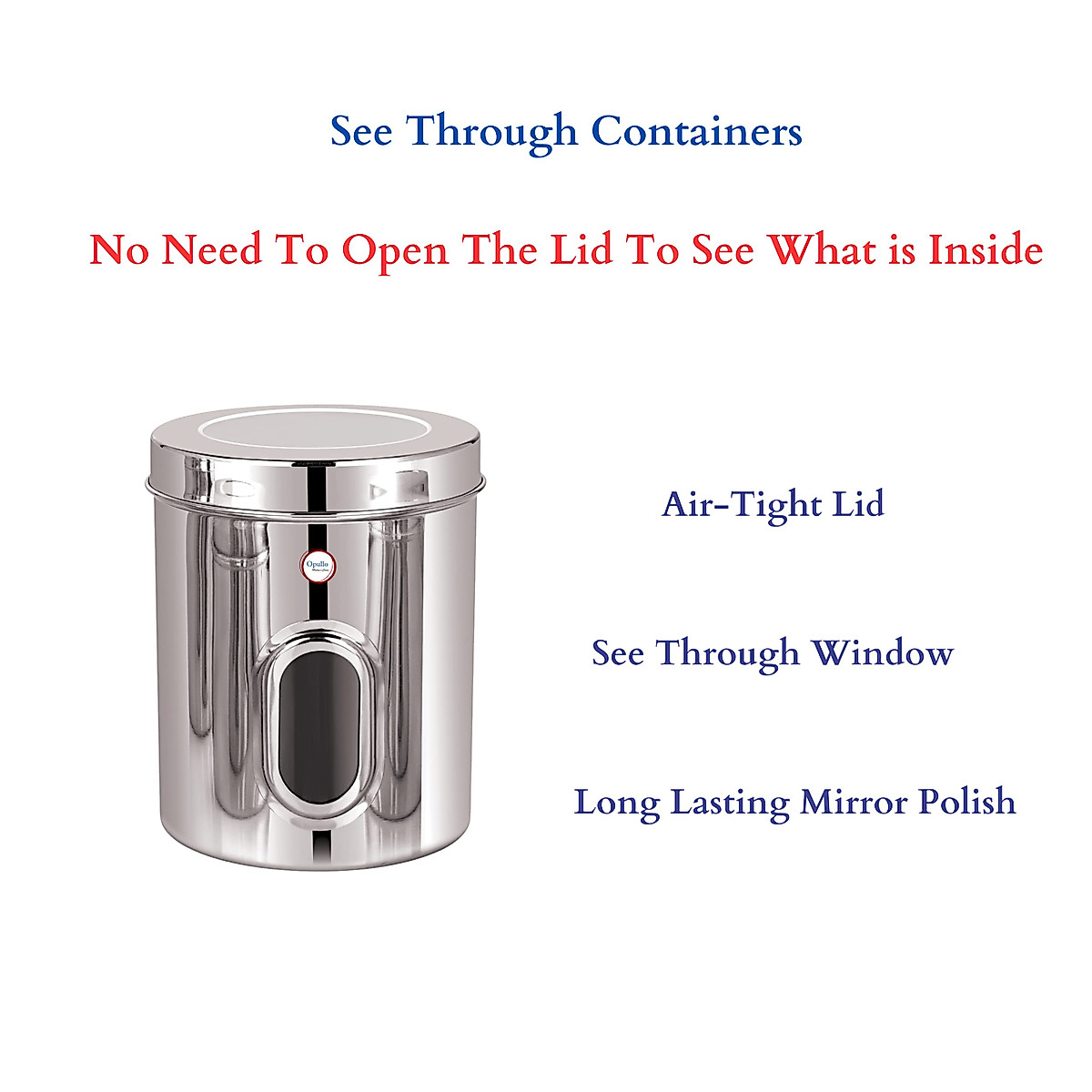 Opullo Stainless Steel See Through Containers for Kitchen | Mirror Polished Stainless Steel Containers With Lid and Transparent Window | Multipurpose Dabba Set for Kitchen | Pack of 4 | 1.25 Kgs