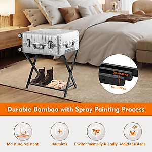 KONGKUNI 2-layer Luggage Rack for Guest Room, Foldable Suitcase Stands, Bamboo Luggage Holder with Storage Shelf, for Guest Room, Bedroom, Hotel,Holds up to 220 lb,Black