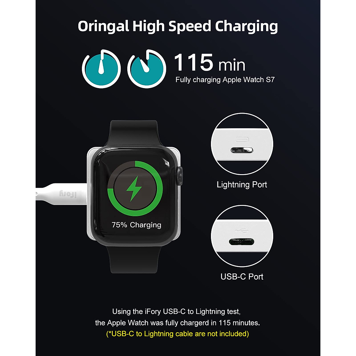 iFory Watch Charger Designed for Apple Watch Series 6/SE/5/4/3 MFi Certified Magnetic Wireless Charger with Dual Port USB C and Lightning - CloudWhite