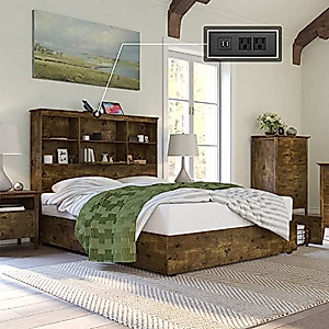 AMERLIFE Queen Size Bed Frame Wooden Platform Bed with 51.2" Storage Bookcase Headboard, 4 Storage Drawers & Charging Station/No Box Spring Needed/Noise Free/Rustic Brown
