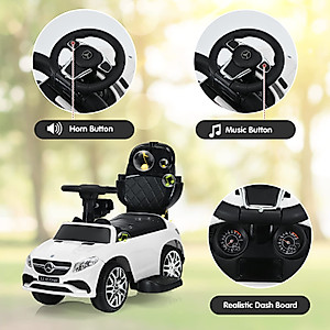 INFANS 3 in 1 Licensed Mercedes Benz Ride on Push Car, Kids Toy Stroller for Toddlers with Push Handle, Baby Foot-to-Floor Sliding Walker with Removable Canopy, Music, Horn, Under Seat Storage (White)