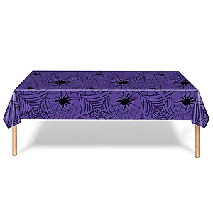 Mocsicka 3Pcs Halloween Tablecloth Disposable Spider Wed for Halloween Party Decorations Halloween Party Plastic Table Cloth Supplies for Birthday Baby Shower Cake Table Decor (Purple, 108x54 Inch)
