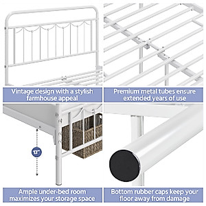 Yaheetech Queen Size Metal Bed Frame with Vintage Headboard and Footboard, Farmhouse Metal Platform Bed, Heavy Duty Steel Slat Support, Ample Under-Bed Storage, No Box Spring Needed, White
