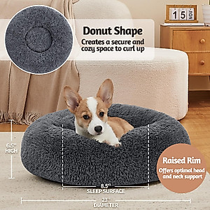 OhGeni Calming Donut Dog & Cat Bed, Machine Washable Plush Warming Bed, Anti-Slip Round Cuddle Comfort Pet Bed, Cozy Fluffy Faux Fur Bed for Small Medium Dogs, Gray, 23 inches