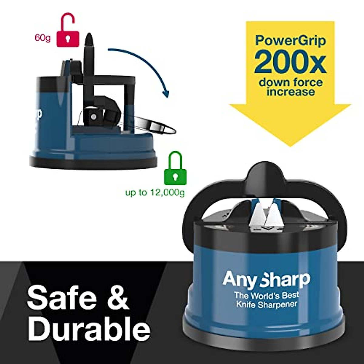AnySharp Essentials - Knife Sharpener with PowerGrip - For Knives and Serrated Blades - Blue