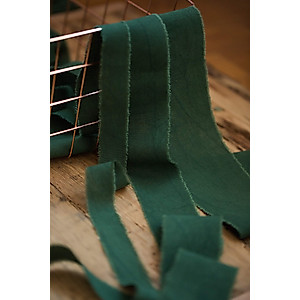 Dark green 1 inch wide 5 yds frayed edges handmade cotton ribbon hand dyed for Rustic wedding invitation ties favors gift wrapping Party decor bows Florist Bouquet supplies Flat lay props