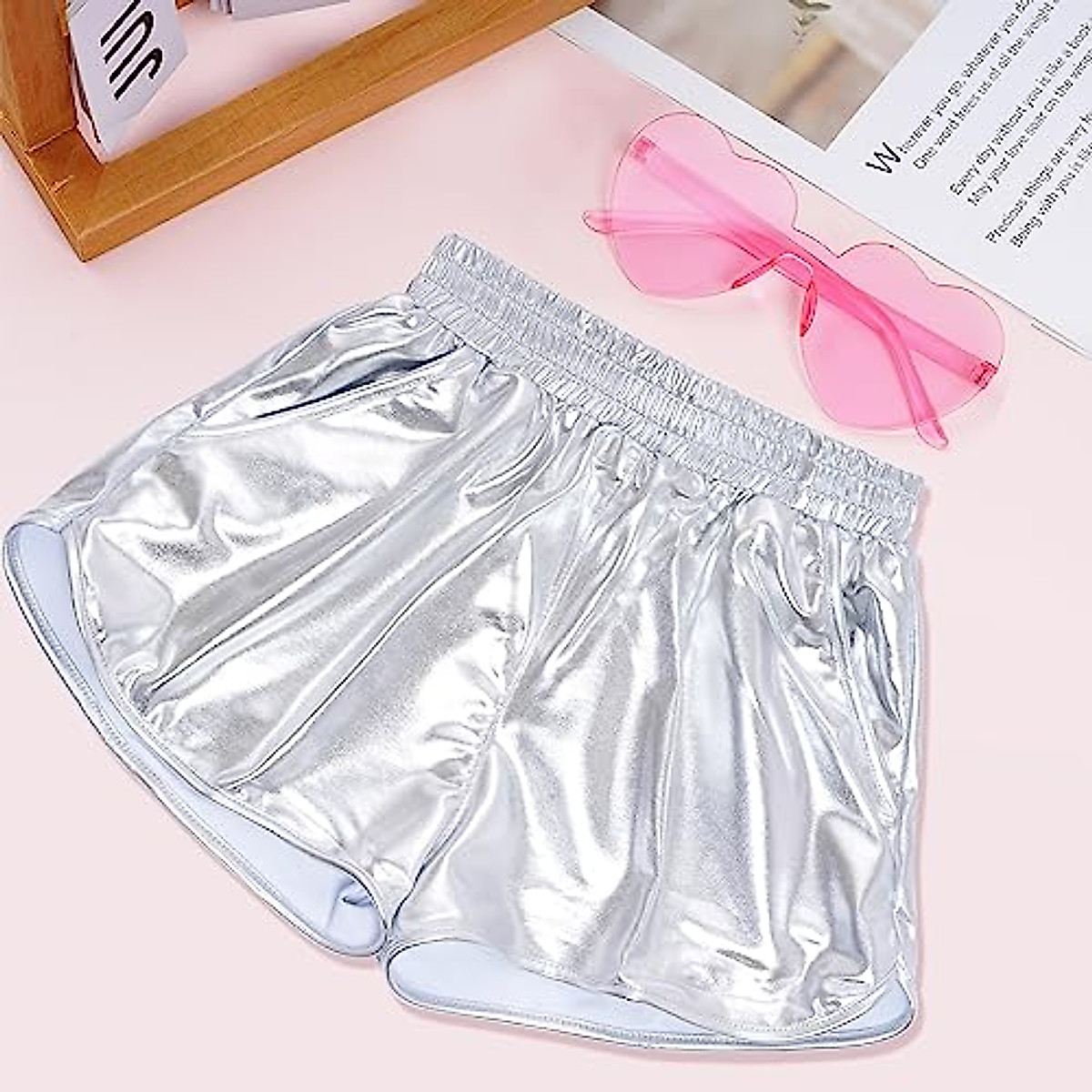 Bskifnn Metallic Shorts for Girls Sparkly Hot Dance Pants with Heart Shape Sunglasses (as1, Age, 6_Years, 7_Years, Sliver)