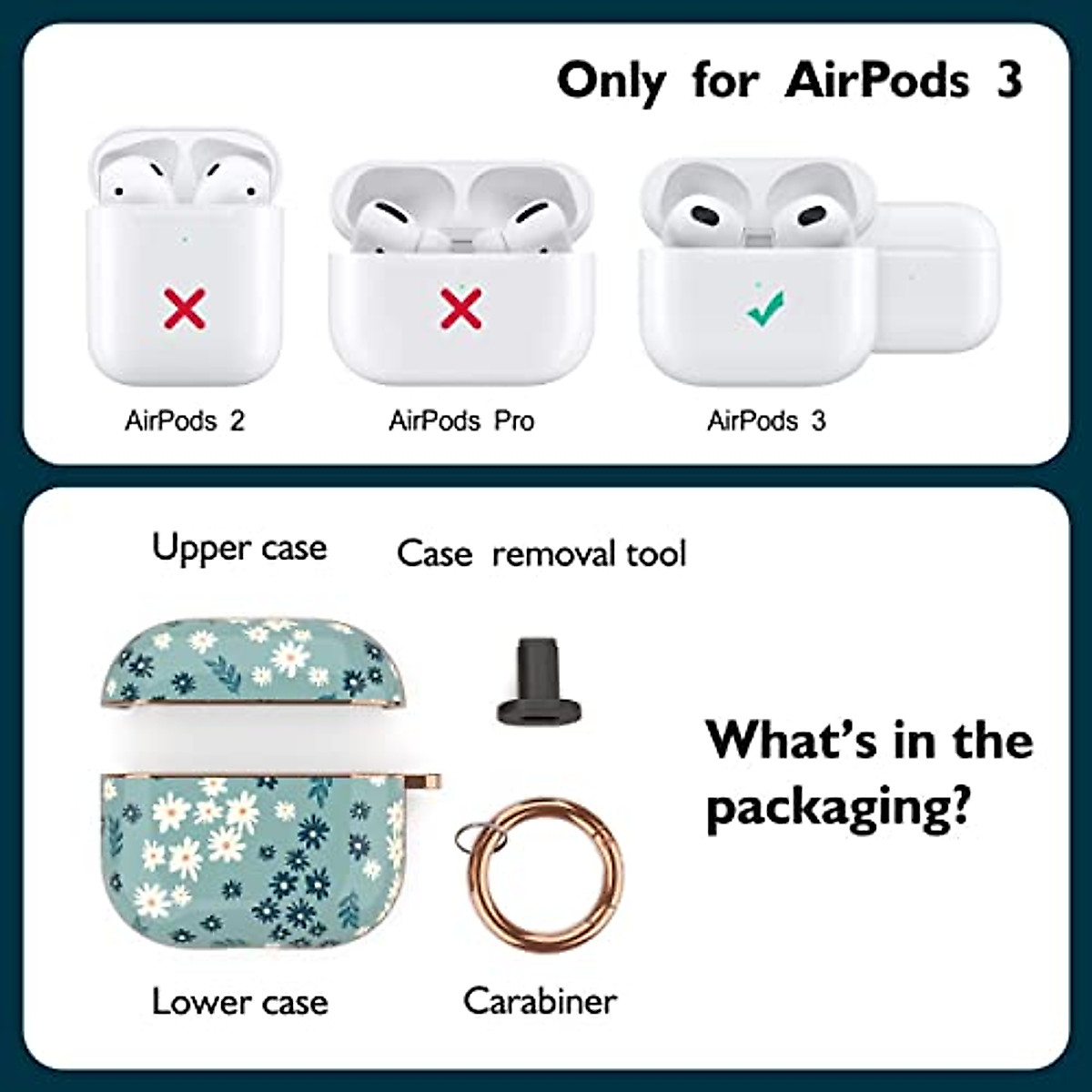 TATOFY Case Cover for AirPods 3, AirPods 3 Case for Women, Flora Protective Hard Case with Carabiner, Led Visible, Wireless Charging Compatible (Cyan)