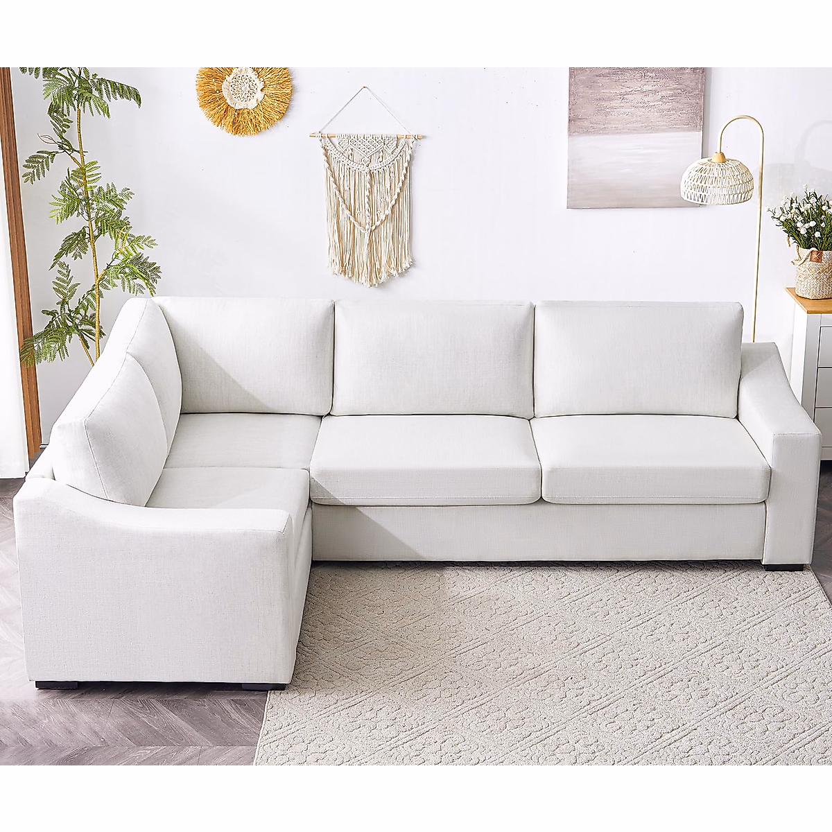ELUCHANG Convertible Sectional Sofa, L Shaped Couch, Natural Linen Fabric Sofa Couches with Extra Deep Seats, Big Comfy Couch Upholstered Modern Couch Sofa Corner Sofa for Living Room, Office, Ivory