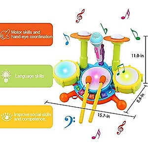 POKONBOY Kids Drum Set for Toddler 1-3, Musical Instruments Learning Toys with 2 Drum Sticks Adjustable Microphone Birthday for Boys Girls 6 12 18 Month (Yellow)