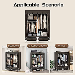 LEAIJIAFY Small Portable Cloth Wardrobe Closet for Hanging Clothes with 2 Drawers,Brown Armoire with 2 Hanging Rods,Clothes Rack Storage Organizer with Non Woven Fabric Cover,for Bedroom