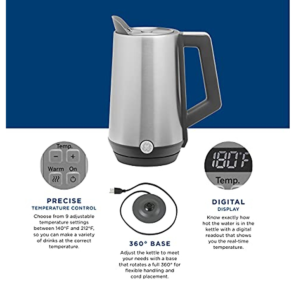 GE Electric Kettle | 6 Cup Capacity | Digital Temperature Control | Boils Water for Tea, Coffee in Minutes | Countertop Kitchen Essentials | 1500 Watts | Stainless Steel