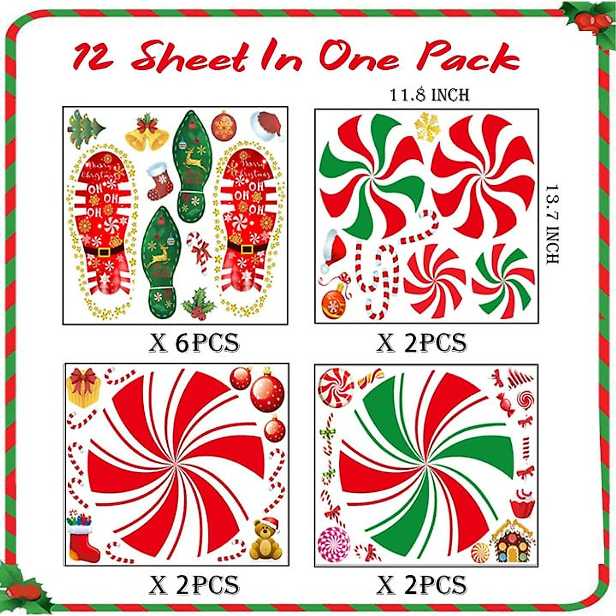 156PCS Christmas Peppermint Floor Decals Footprints Stickers for Christmas Candy Party Decoration Xmas Party Decor Supplies, 12 Sheets