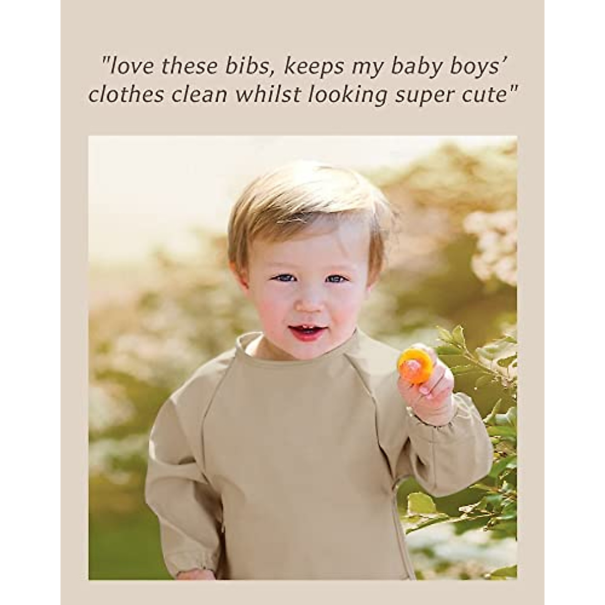 WILLOW + SIM Long Sleeve Baby Bibs - Wipe Clean, Washable with Food Catcher - Long Sleeve Bib for Babies, Toddler - Parchment