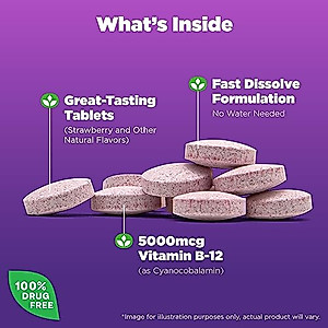 Natrol Vitamin B-12 5000mcg, Dietary Supplement for Cellular Energy Production & Healthy Nervous System Support, 200 Strawberry-Flavored Fast Dissolve Tablets, 200 Day Supply