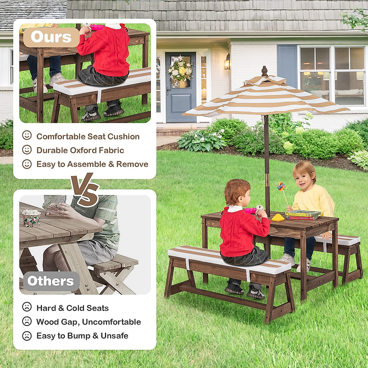 HONEY JOY Kids Picnic Table, Outdoor Wooden Table & Bench Set w/Removable Cushions and Umbrella, Stripe Fabric, Children Backyard Furniture for Patio Garden, Gift for Toddler Boys Girls Age 3+(Coffee)