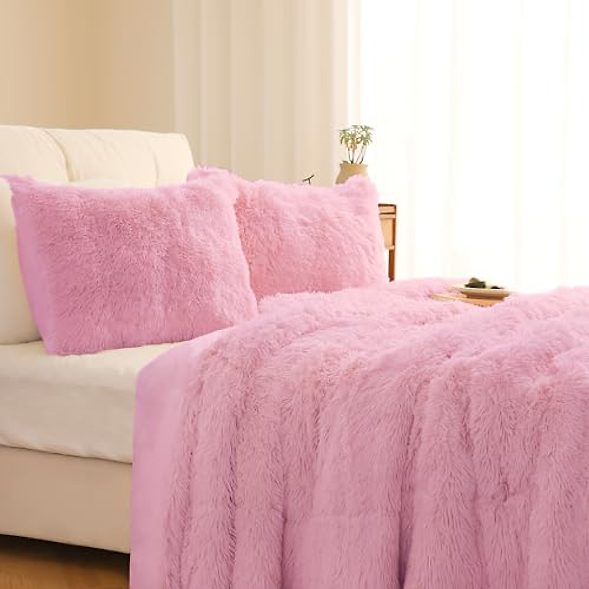 Syalife Plush Fluffy Bedding, Soft Shaggy Comforter Set Twin Size, Faux Fur Pink Shaggy Duvet Cover Set Comforter Cover with Pillow Sham (Twin, Pink)