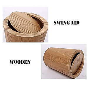 Jeorywoet Wood Waste Bin with Swing Lid Round Trash Can Kitchen Garbage Basket for Bedroom, Wood Trash Can