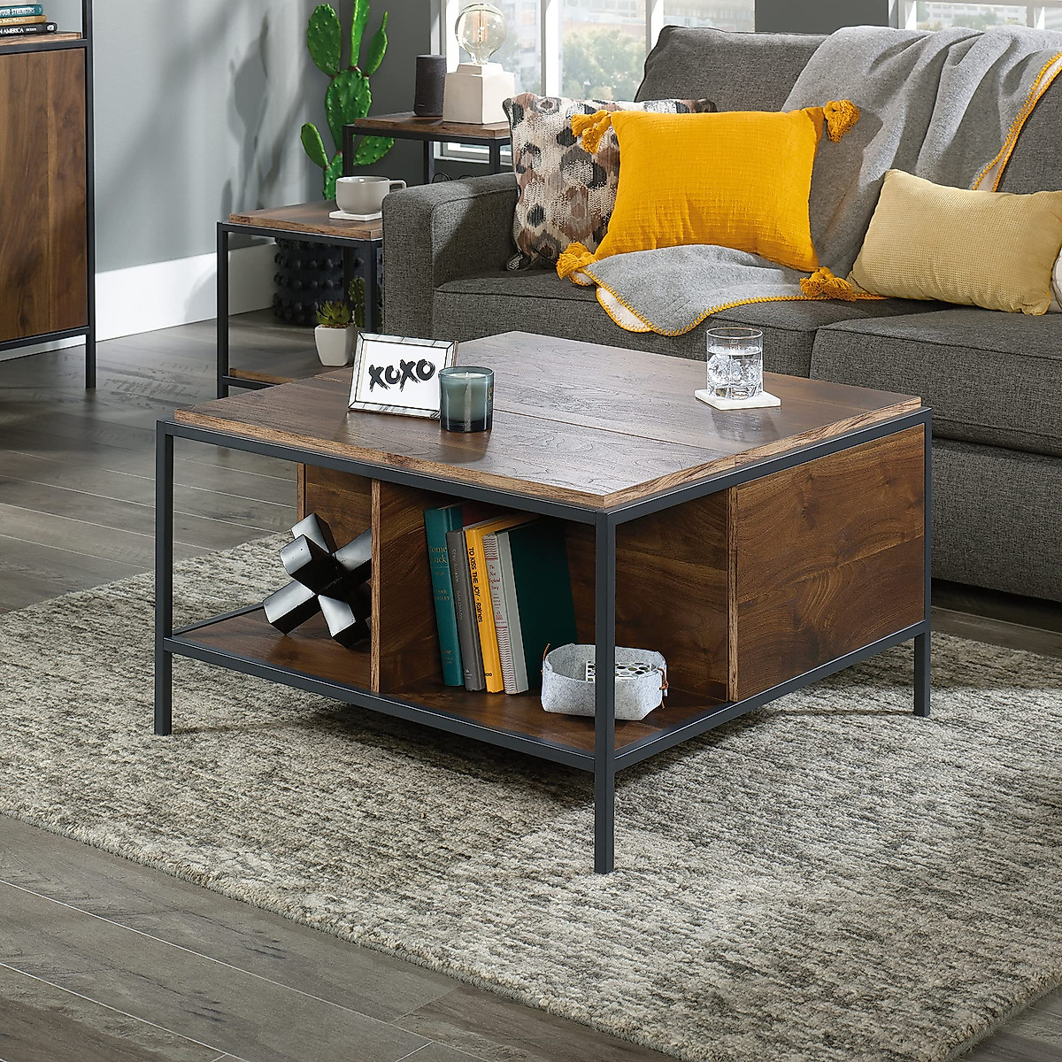 Sauder Nova Loft Coffee Table, L: 33.07" x W: 32.28" x H: 19.09", Grand Walnut Finish