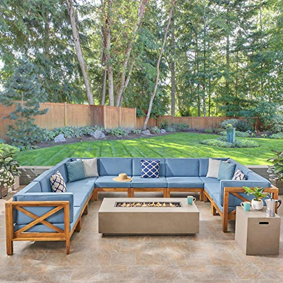Great Deal Furniture GDFStudio Outdoor Acacia Wood 10 Seater U-Shaped Sectional Sofa Set with Fire Pit, Teak, Blue and, Light Gray