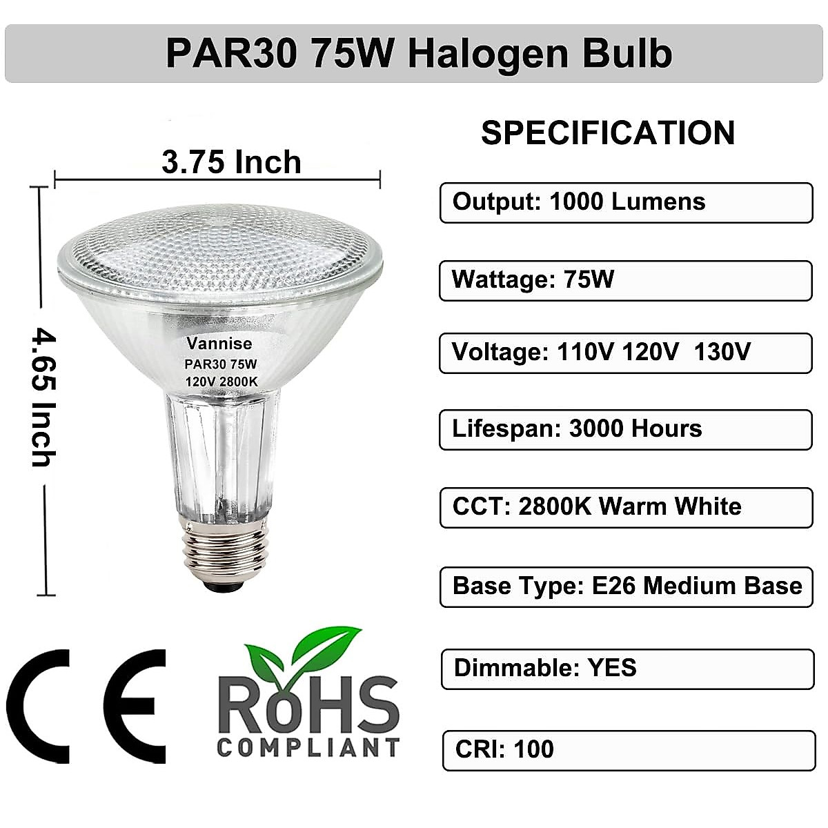 Vannise PAR30 Halogen Bulb 75W 120V, 6 Pack High Output 1000LM PAR30 Long Neck Halogen 75W with Warm White 2800K, PAR30 Dimmable, Long Lasting PAR30 Flood Light Bulb with E26 Medium Base