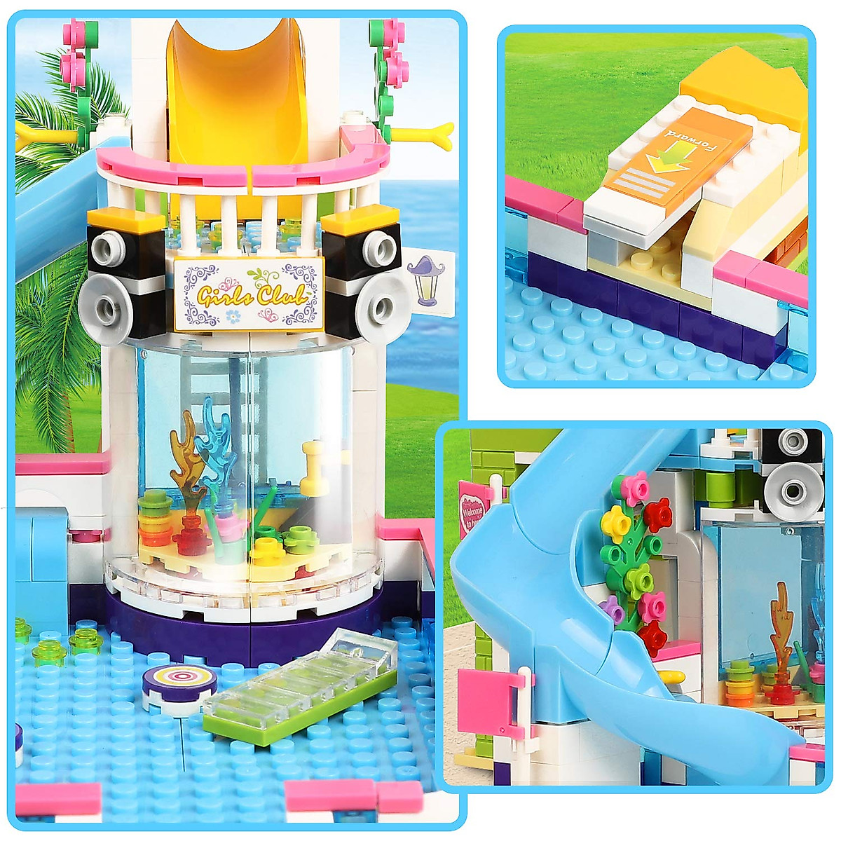 1373 Pieces Summer Pool Party Time, Hair Salon Toys Building Blocks Set Includes Juice Bar, Cars Building Play Kit,Storage Box, Learning and Roleplay Gift for Boys Girls 6-12