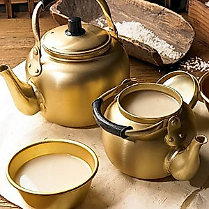 2 Pcs Korean Traditional Raw Rice Wine Bowls Korean Makgeolli Dongdongju Hiking Soup Dish Aluminum Yellow Made in Korea BC233 (Handle, Small 2 Pcs) (ZEESOON)