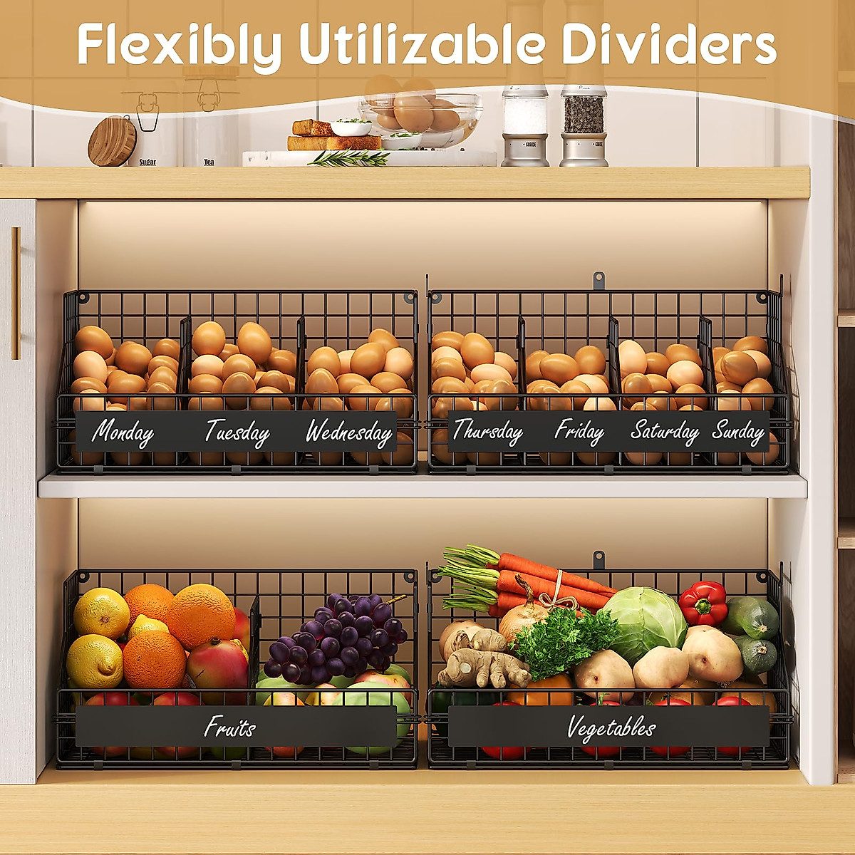 keomaisyto Fresh Egg Holder with 5 Dividers to Separate Eggs for a Week, 2 Tier Stackable Wire Baskets for Gathering Eggs, XXL Egg Rack for Countertop/Wall-Mounted, With DIY Labels (Patent Pending)