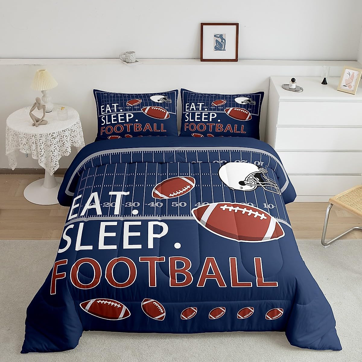 Feelyou Rugby Comforter Set Twin Size Football Field Coverlet Set for Kids Boys Girls Decor Ball Games Comforter Microfiber Navy Blue Quilt Set Bedroom Bedclothes