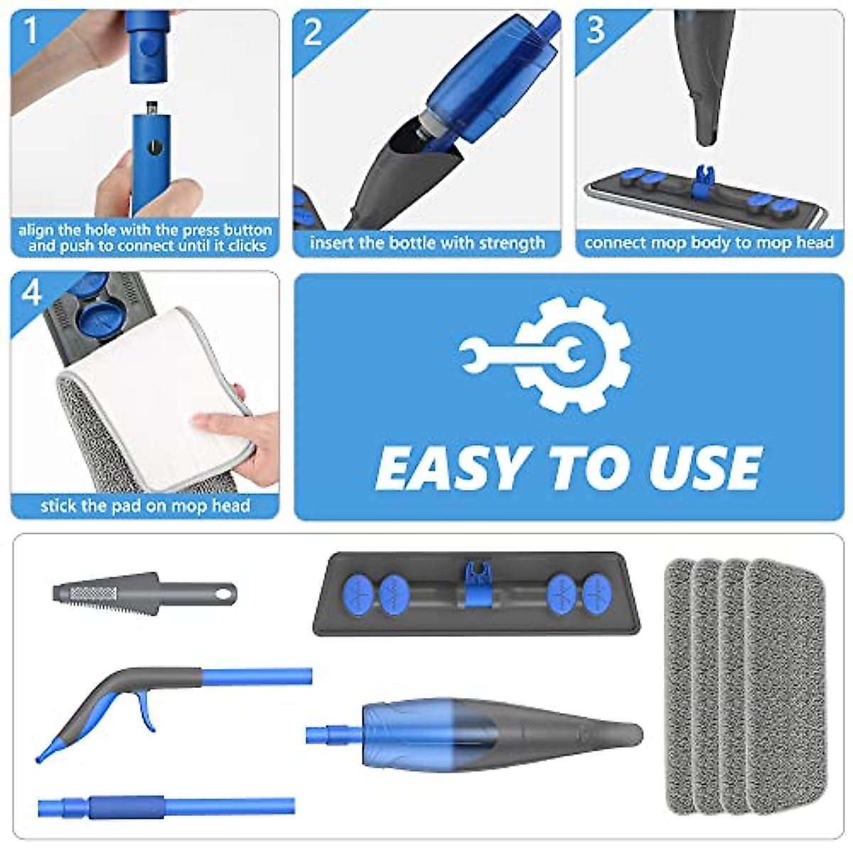 Spray Mops for Floor Cleaning- Floor Mop Microfiber Flat Mop Wet Dry Dust Mop with Refillable 635ML Bottle 4 Washable Pads Sprayer for Hardwood Floor Laminate Tiles Wood Ceramic Vinyl Home Kitchen