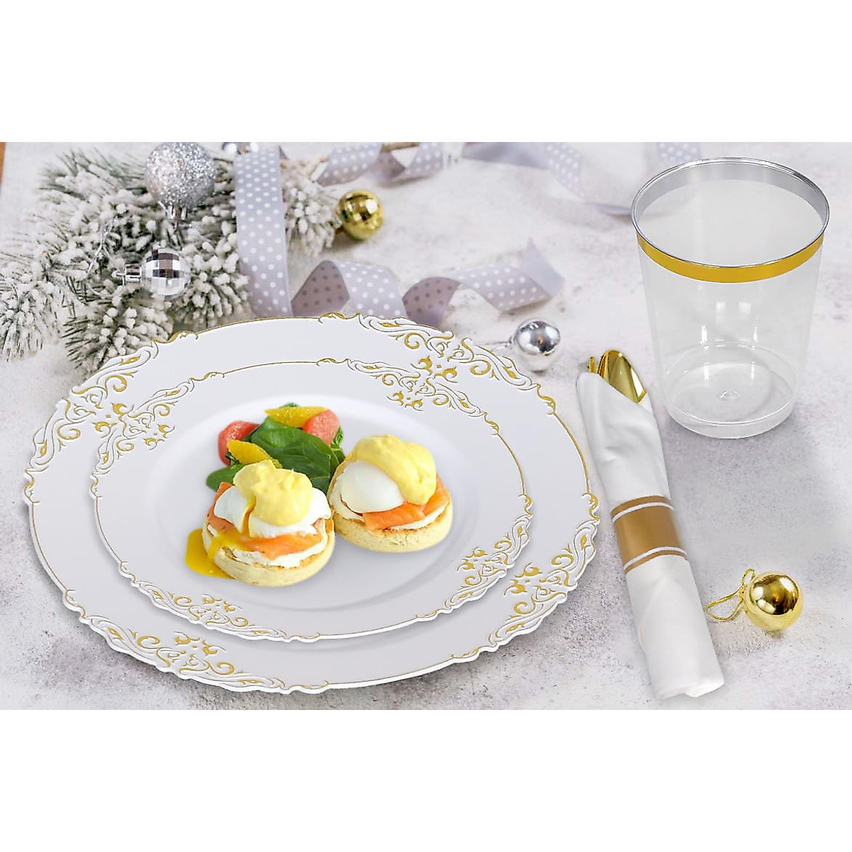 50 Gold Wrapped Plastic Cutlery Set with Napkin - By Zulzzy- Individually Pre Rolled Gold Silverware Disposable Ideal for Parties, Weddings, 50 Forks, Spoons & Knives with White Napkins