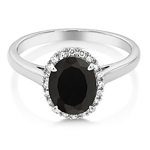 Gem Stone King 10K White Gold Black Onyx and Diamond Halo Engagement Ring | 2.14 Cttw | Oval 9X7MM | Gemstone Birthstone | Wedding Anniversary Promise Ring For Women (Size 8)