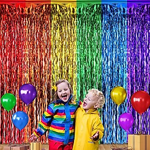 2 Pack 3.3X6.6Ft Rainbow Wavy Foil Fringe Curtains Backdrop Decorations, Rainbow Metallic Tinsel Foil Streamers Photo Booth Background for Birthday Wedding Engagement Bridal Shower Party Decorations