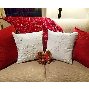 HUAGUOGUO 18 x 18 Inch 2PCs Embroideried Pillowcase，Christmas Holiday Falling Snowflake Cotton Linen Throw Pillow Cover Cushion Home Sofa Bed Car Decorative (White)