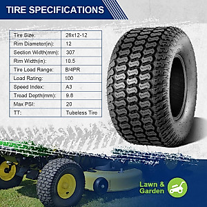 MaxAuto 26x12-12 26x12x12 Turf Tires for Lawn & Garden Mower,4 Ply Tubeless, Set of 2