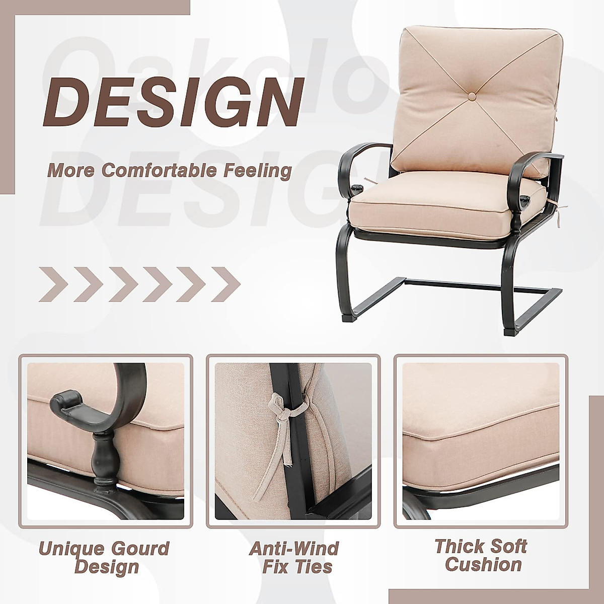 Oakcloud Outdoor Bistro Set 3-Piece Spring Metal Lounge Cushioned Chairs and Bistro Table Set Wrought Iron Cafe Furniture Seat, Brown