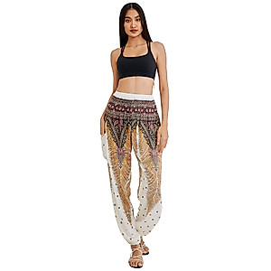 Joob Joob Boho Pants for Women - Hippie Harem Pants Women - Womens Yoga Pants – Comfy Bohemian Flowy Hippie Clothes - Medium White