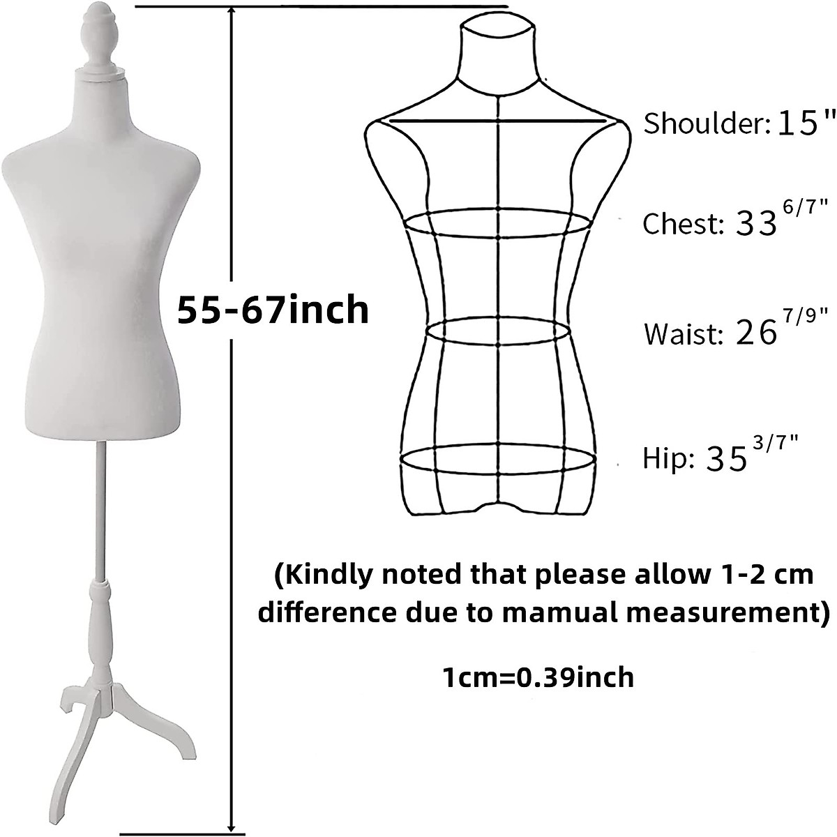 Female Dress Form Mannequin Torso with Wooden Tripod Stand 55-67 Inch Height Adjustable Mannequin Body for Sewing Counter Window Display,White