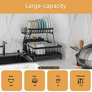 YQYHO 2-Tier Dish Drying Racks for Kitchen Counter with 360° Retractable Drainage System, Large-Capacity Collapsible Anti-Corrosion Dish Rack(Black)