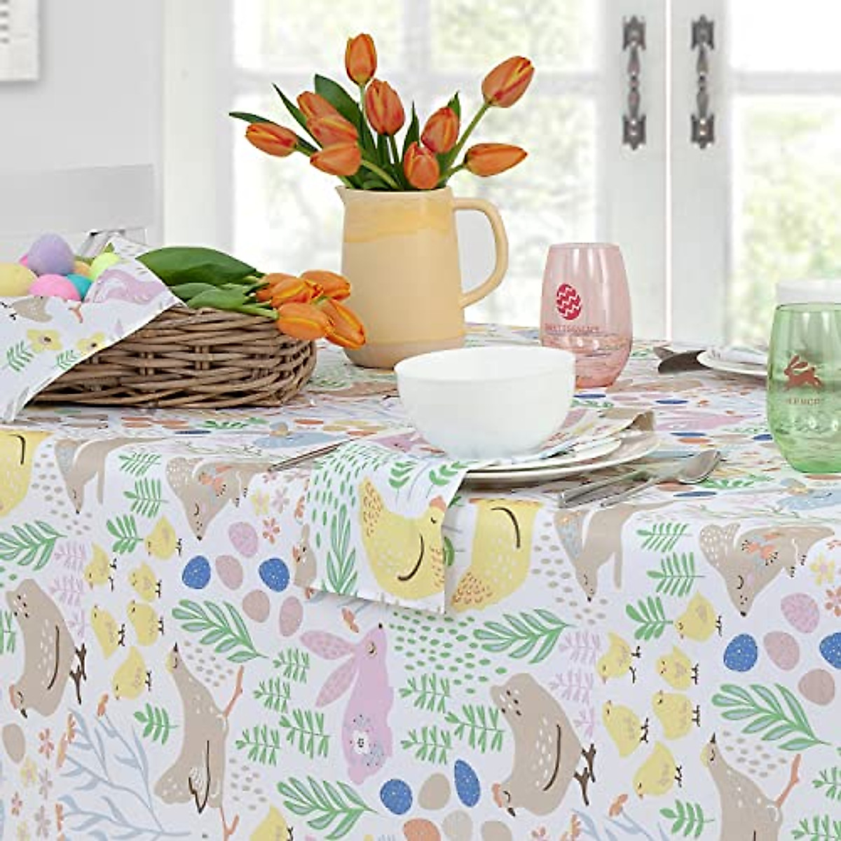 Home Bargains Plus Easter Fun Fabric Tablecloth, Bunny Rabbit, Easter Egg and Chicks Print Stain and Wrinkle Resistant Spring Tablecloth, 52” x 52” Square