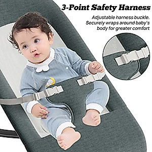 Baby Bouncer, Portable Bouncer Seat for Babies, Portable Baby Rocker with 3-Point Harness, Portable Rocker with Mesh Fabric and Babies Soothing Vibrations (Grey)