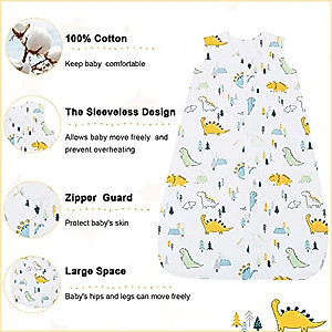 PHF 100% Cotton Baby Sleep Sack, 0-6 Months Baby Wearable Blanket, 2-Way Zipper Infant Sleeping Sack for Baby Boys Girls, 2 Pack Comfy Small Size Sleeveless Sleeping Bags, Dinosaur & Green Geometry