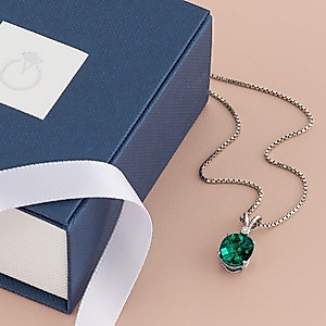 Peora Created Emerald with Genuine Diamond Pendant in 14K White Gold, Elegant Solitaire, Oval Shape, 10x8mm, 2.35 Carats total