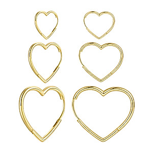 3 Pairs 14K Gold Plated Heart Hoop Earrings, Simple Large and Small Heart Hoop Earrings for Women, 3 Sizes Cute Huggies Earrings for Women Girs present, 1.3cm/2cm/3cm.