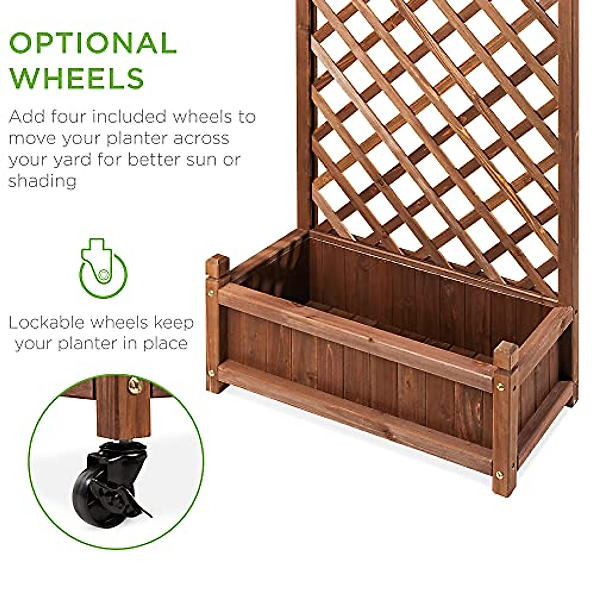Best Choice Products Set of 2 48in Wood Planter Box & Diamond Lattice Trellis, Mobile Outdoor Raised Garden Bed for Climbing Plants w/Drainage Holes, Optional Wheels - Walnut