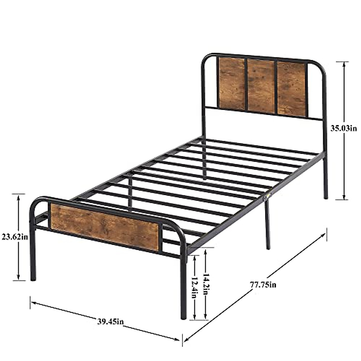 VECELO Bed Frame with Wooden Headboard Metal Slats, High Metal Platform Bed, No Box Spring Needed(Twin, Vintage Brown)