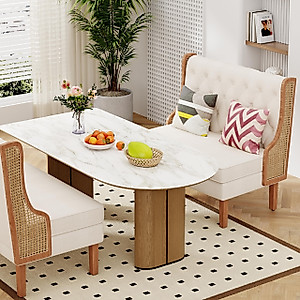 Andeworld Loveseat Settee Bench with Natural Rattan Arms,Upholstered Modern High-Back Mini Sofa Couch,Banquette Dining Bench Love Seat for Living Dining Room Bedroom Office Small Space Entryway,Ivory