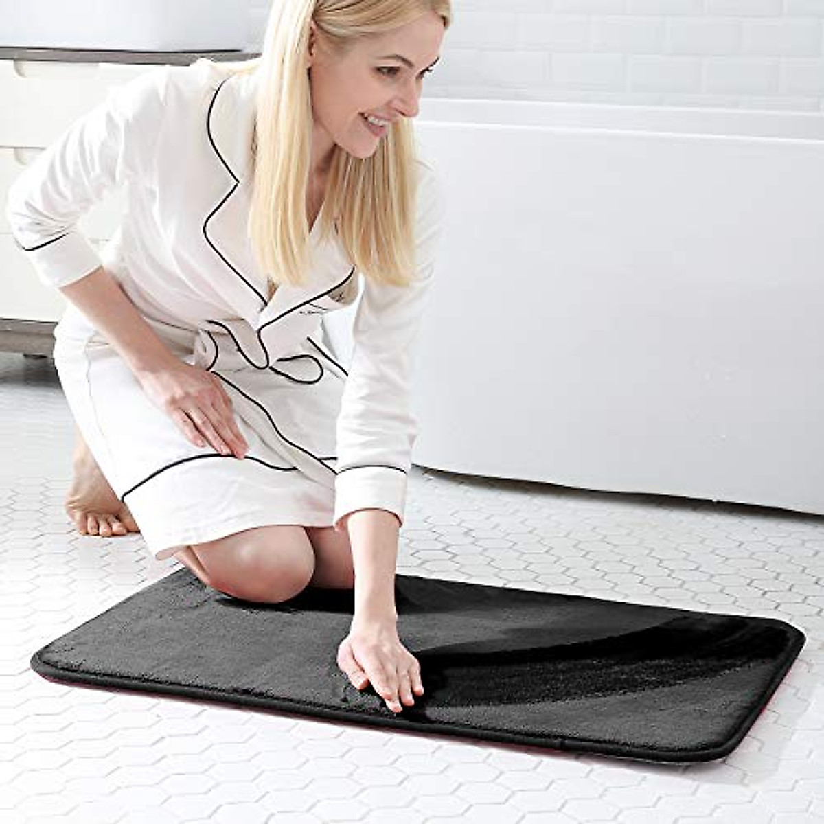 Walensee Extra Thick Memory Foam Bath Rug (17x24 Black) Non Slip Absorbent Super Cozy Velvet Bathroom Mat, Luxury Soft Plush Small Carpet for Bath Room Shower Floor Tub, Machine Wash Dry