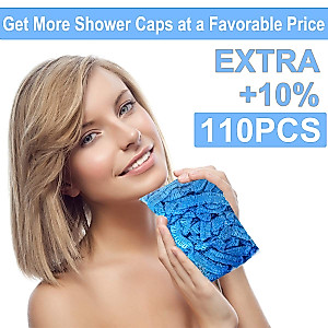 100+10 Shower Caps Disposable, Waterproof Plastic Bath Caps, Elastic Hair Processing Caps for Women Man Kids Girls, Hotel, Home Use (Blue)